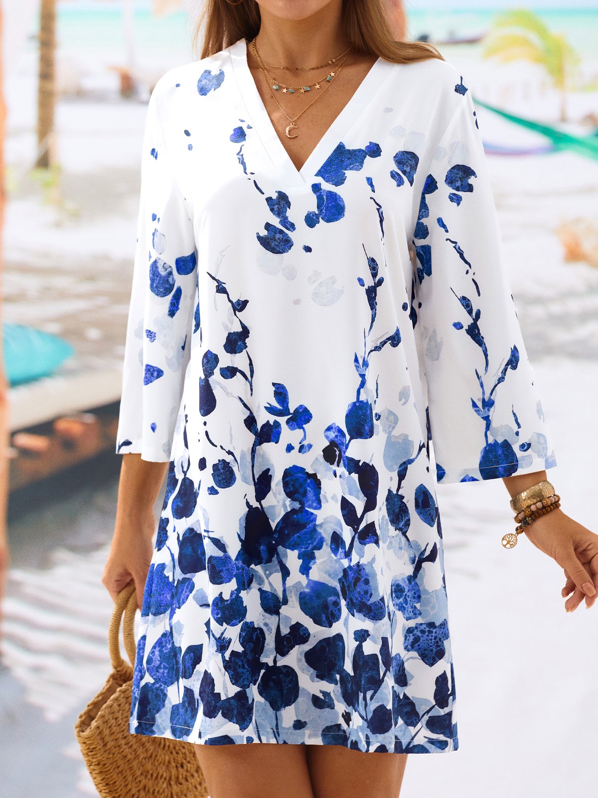 Casual V Neck Loosen Floral Three Quarter Woven Dress Outlet Noracora