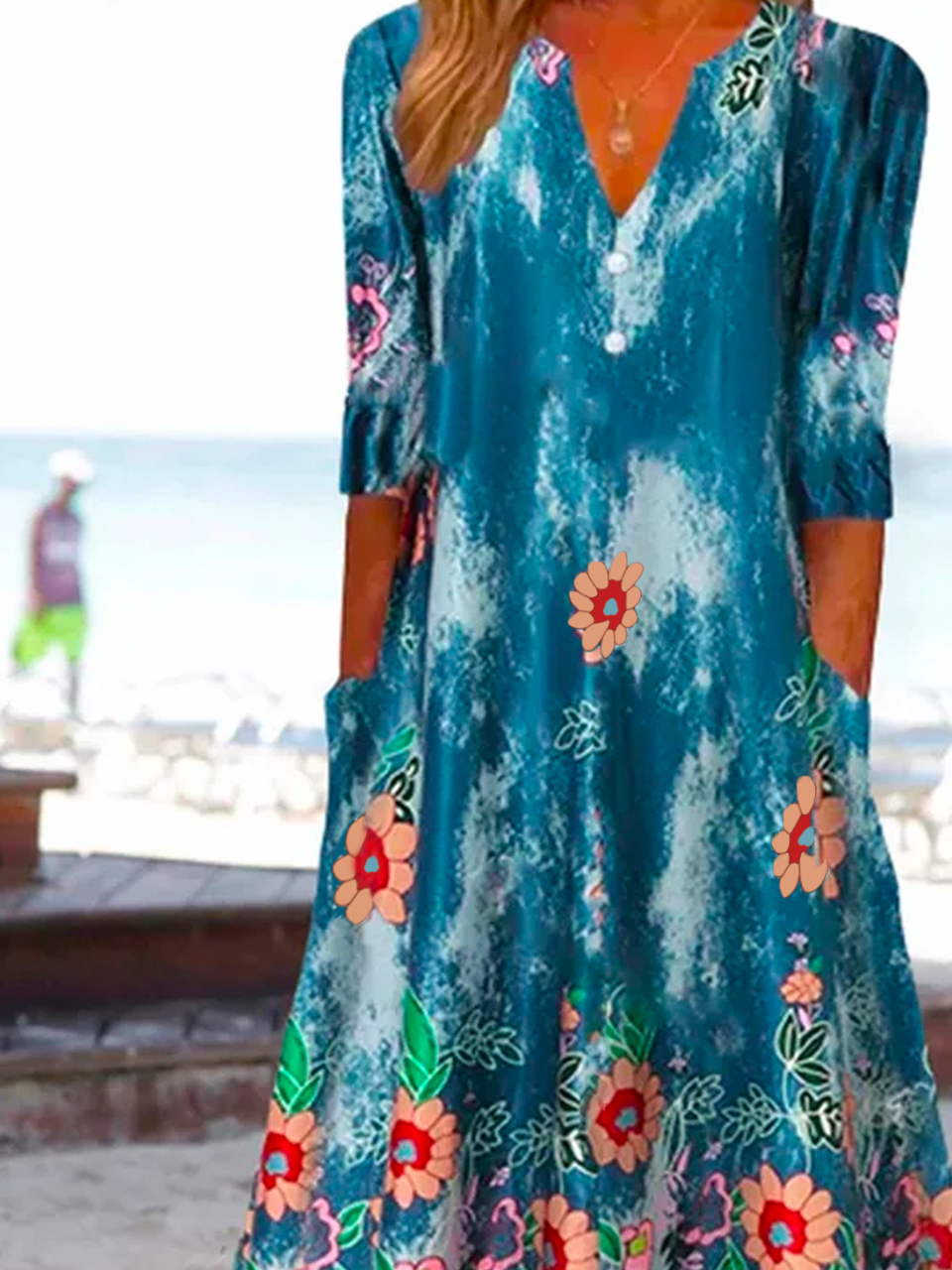Loosen V Neck Casual Midi Outlet Noracora