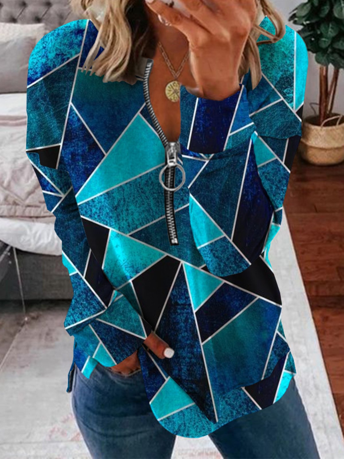 Casual Geometric Long Sleeve V Neck Printed Tops Sweatshirts Outlet