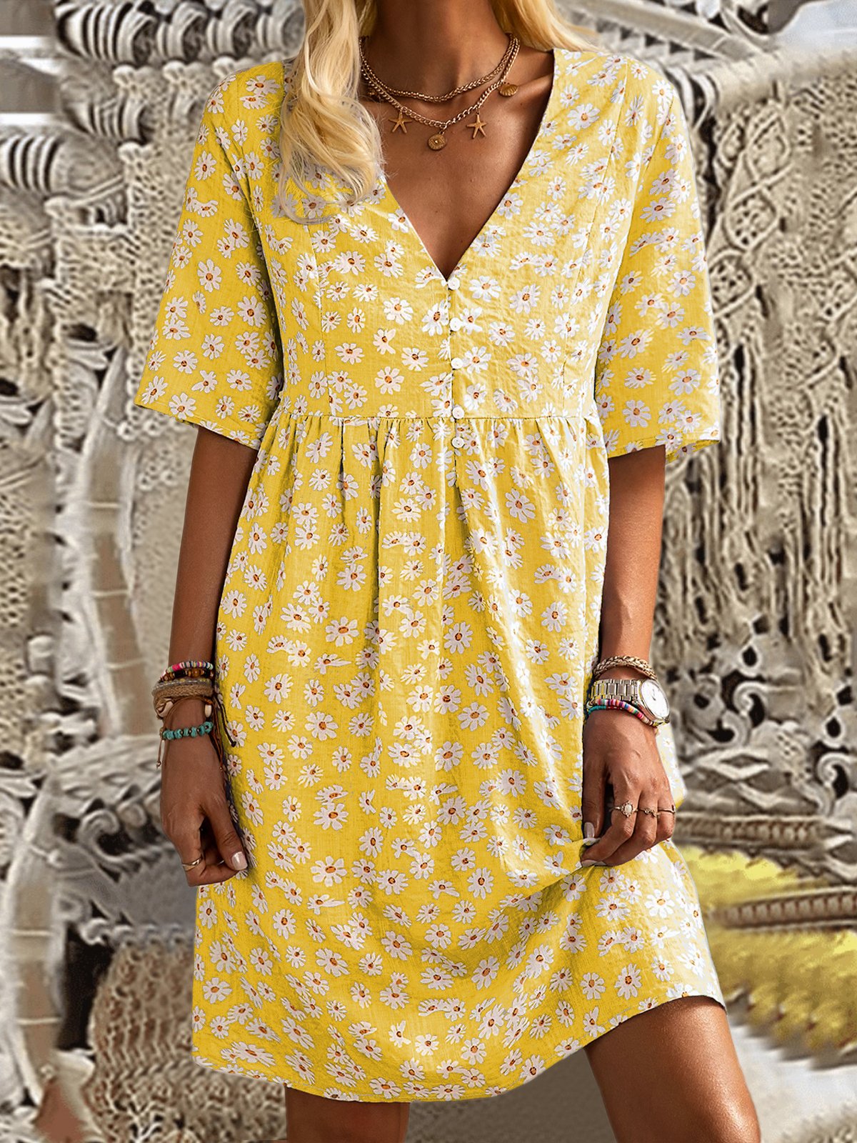 Casual Half Sleeve V Neck Loosen Midi Weaving Dress Outlet Noracora